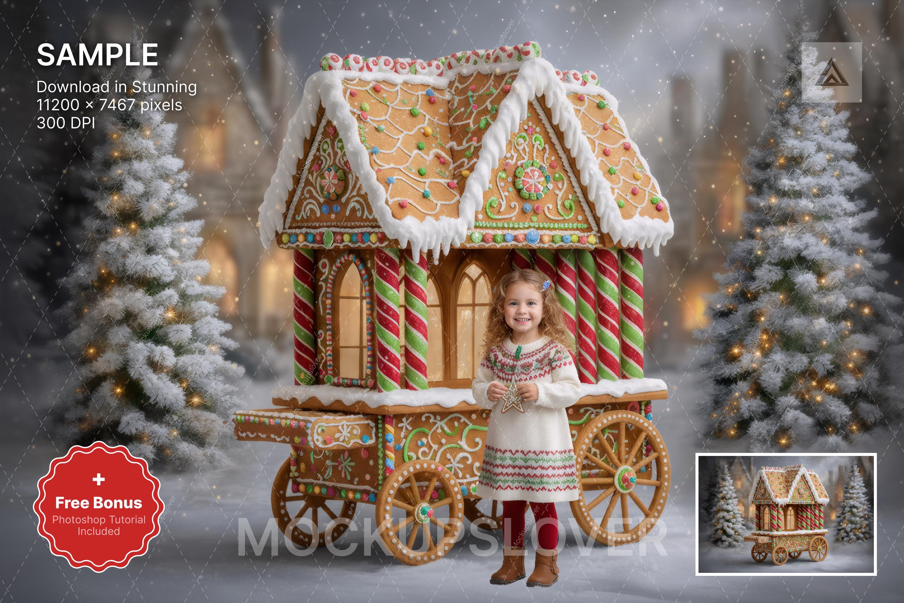 Christmas Digital Backdrop - Gingerbread House Winter Scene – MockupsLover